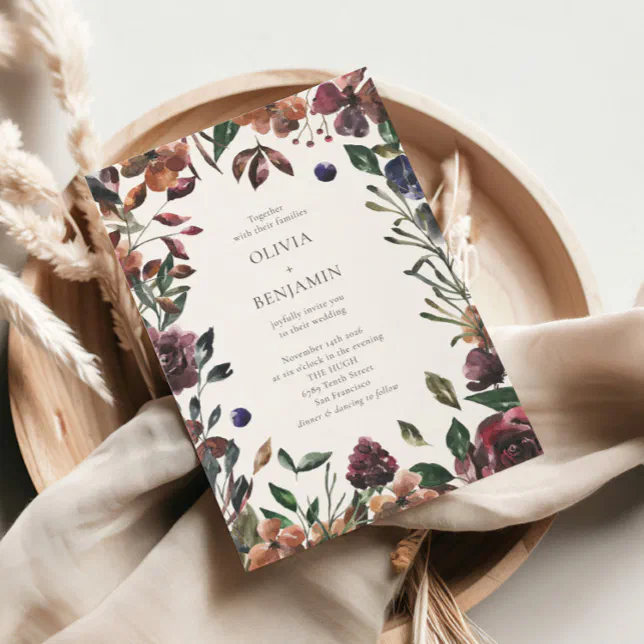 Boho Rustic Botanical Burgundy Border Wedding Invitation | Zazzle