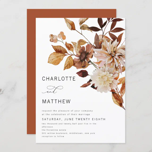 Boho Rustic Fall Floral Burnt Orange Wedding Invitation | Zazzle