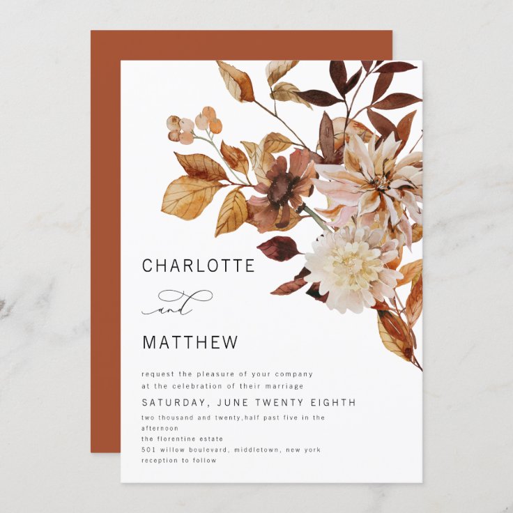 Boho Rustic Fall Floral Burnt Orange Wedding Invitation | Zazzle