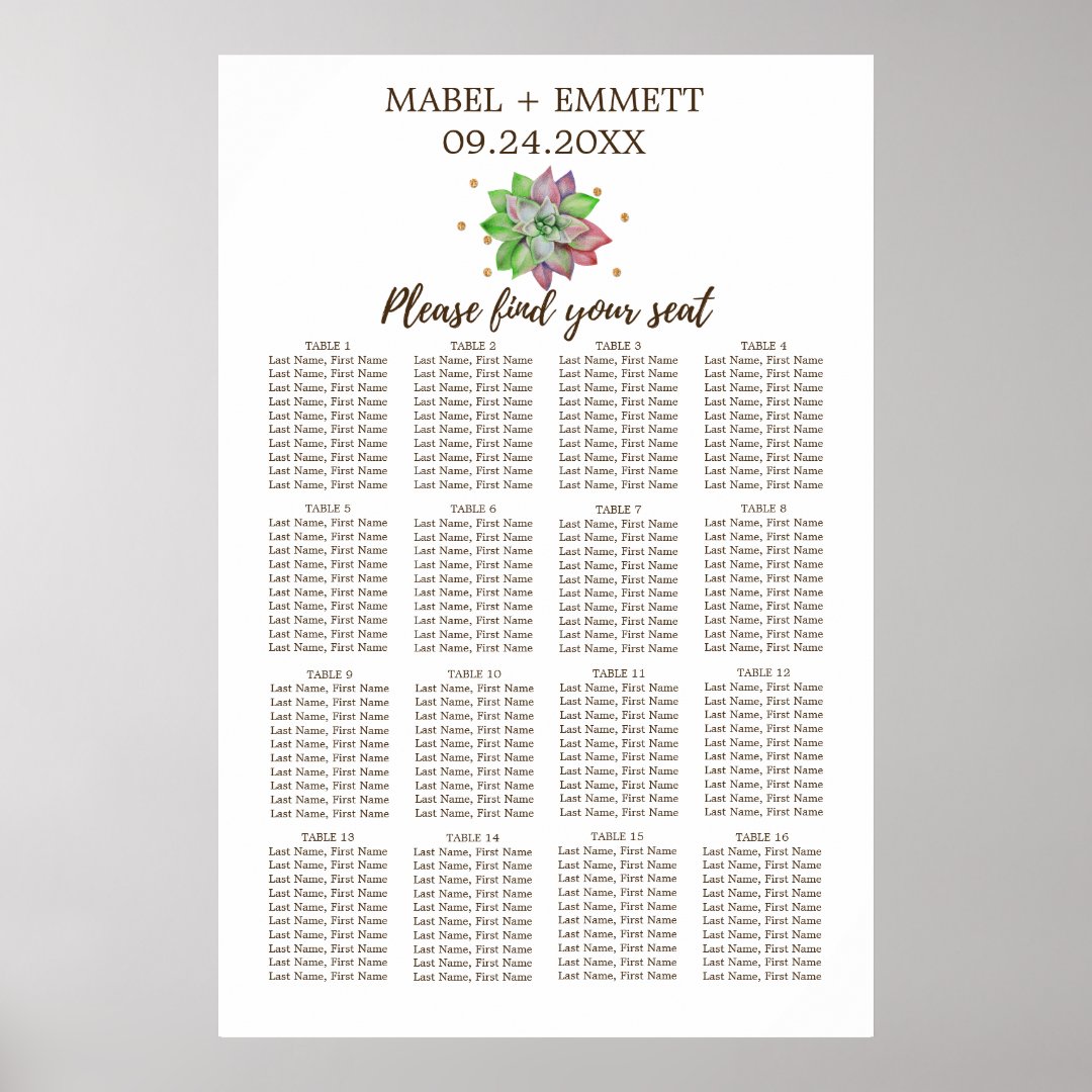 Boho Rustic Floral Succulent Wedding Seating Chart | Zazzle