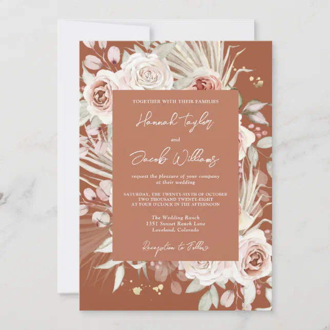 Boho Rustic Floral Terracotta Wedding Invitation | Zazzle