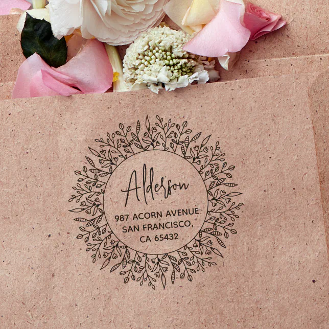 Boho Rustic Laurel Foliage Circular Return Address Rubber Stamp | Zazzle