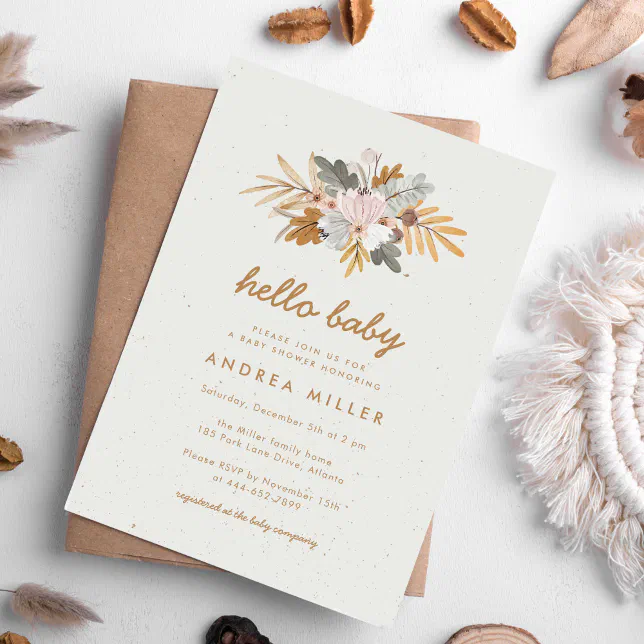 Boho Rustic Neutral Wildflower Baby Shower Invitation | Zazzle