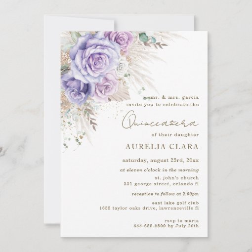 Boho Rustic Pampas Purple Floral Quinceañera Invi Invitation | Zazzle