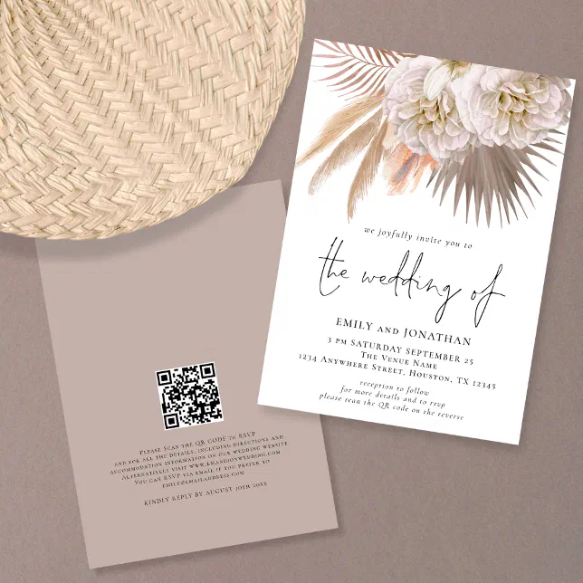 Boho Rustic Pampas Script QR Code Wedding Invitation | Zazzle