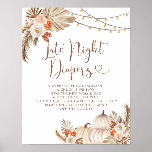 Boho Rustic Pumpkin Fall in Love Late Night Diaper Poster | Zazzle