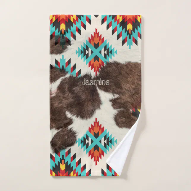 Boho Rustic SouthWestern Cowhide Aztec Pattern Bath Towel Set | Zazzle
