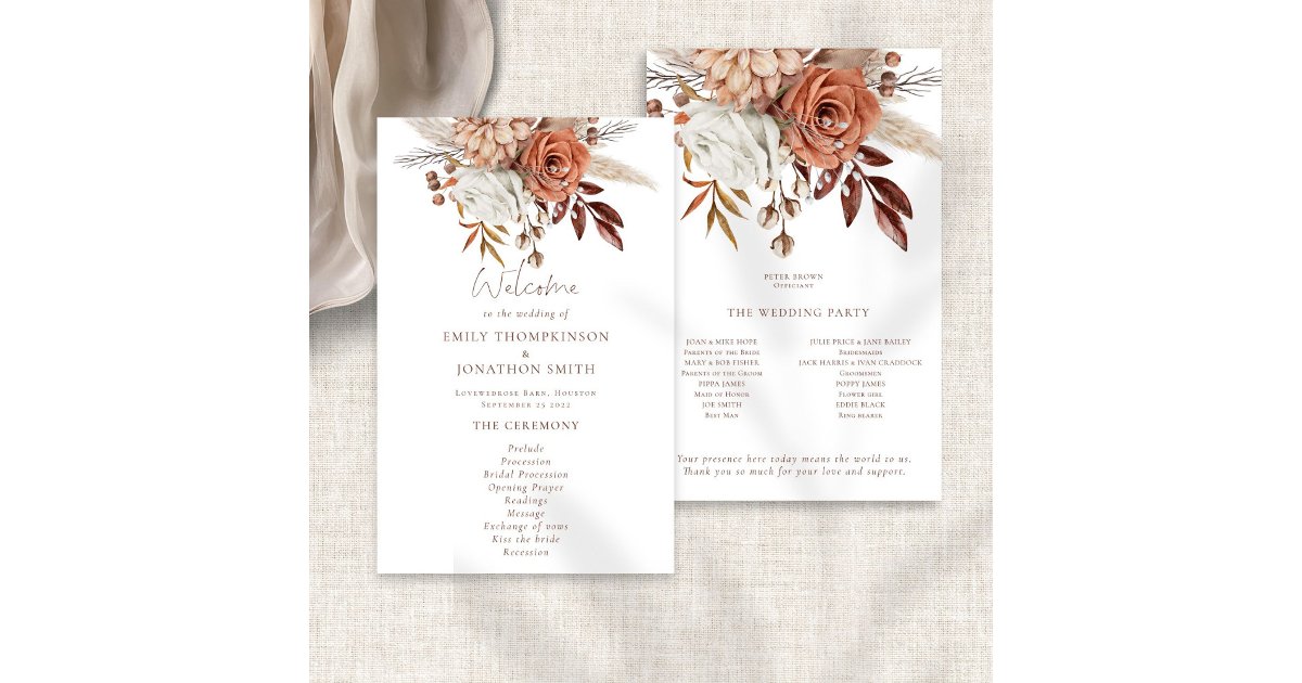 Boho Rustic Terracotta Florals Wedding Program | Zazzle
