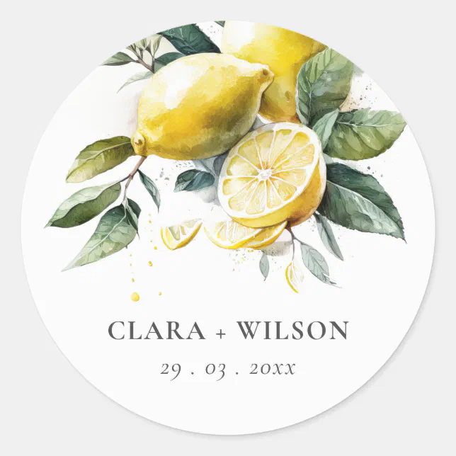 Boho Rustic Watercolor Yellow Lemon Garden Wedding Classic Round ...