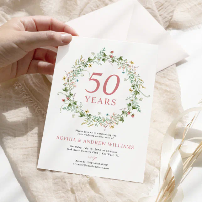 Boho Rustic Wildflowers 50th Wedding Anniversary Invitation | Zazzle