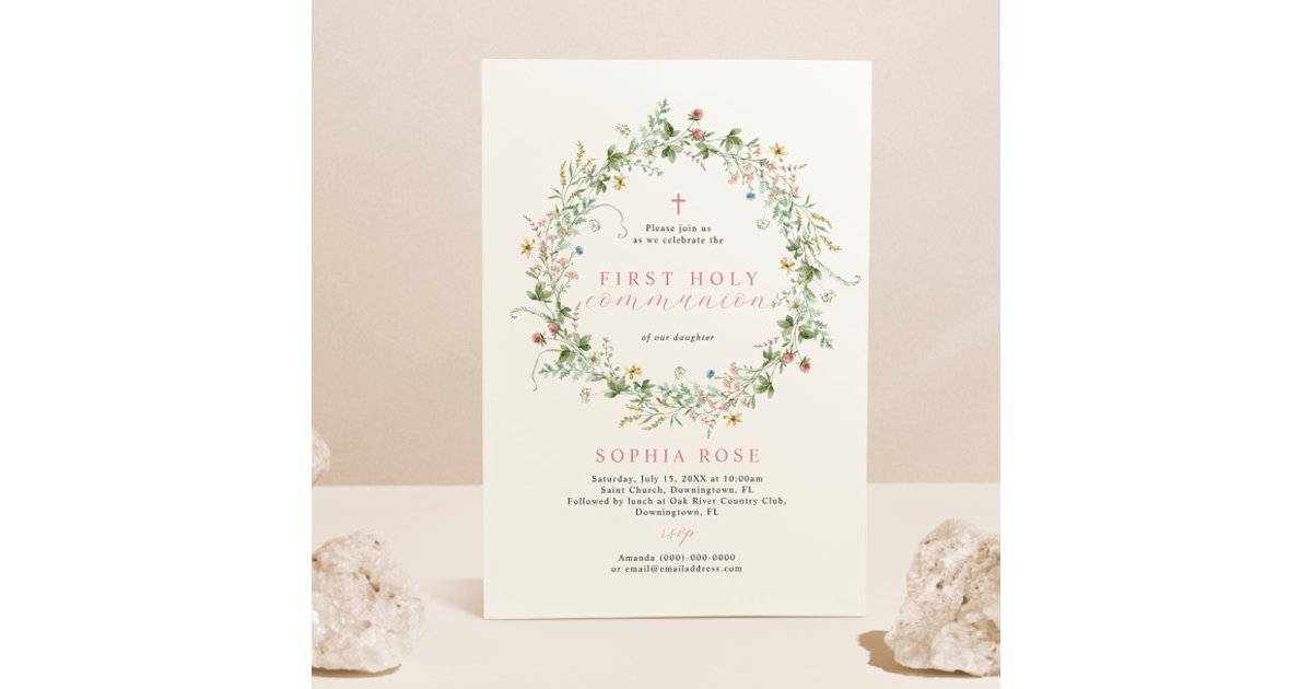 Boho Rustic Wildflowers First Holy Communion Invitation | Zazzle