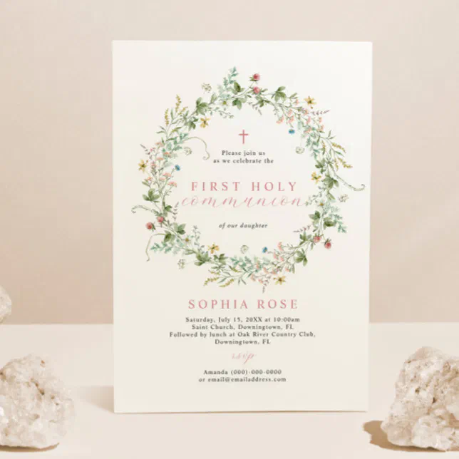 Boho Rustic Wildflowers First Holy Communion Invitation | Zazzle