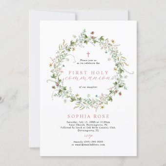 Boho Rustic Wildflowers First Holy Communion Invitation | Zazzle