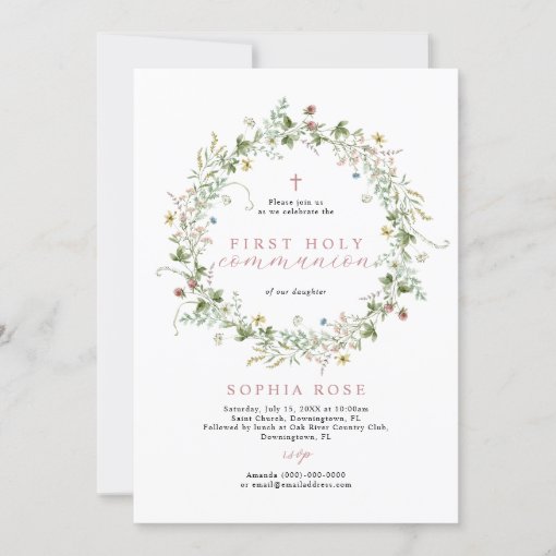 Boho Rustic Wildflowers First Holy Communion Invitation | Zazzle