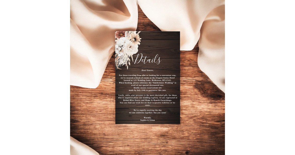 Boho Rustic Wood Fall Flowers Wedding Details Enclosure Card | Zazzle