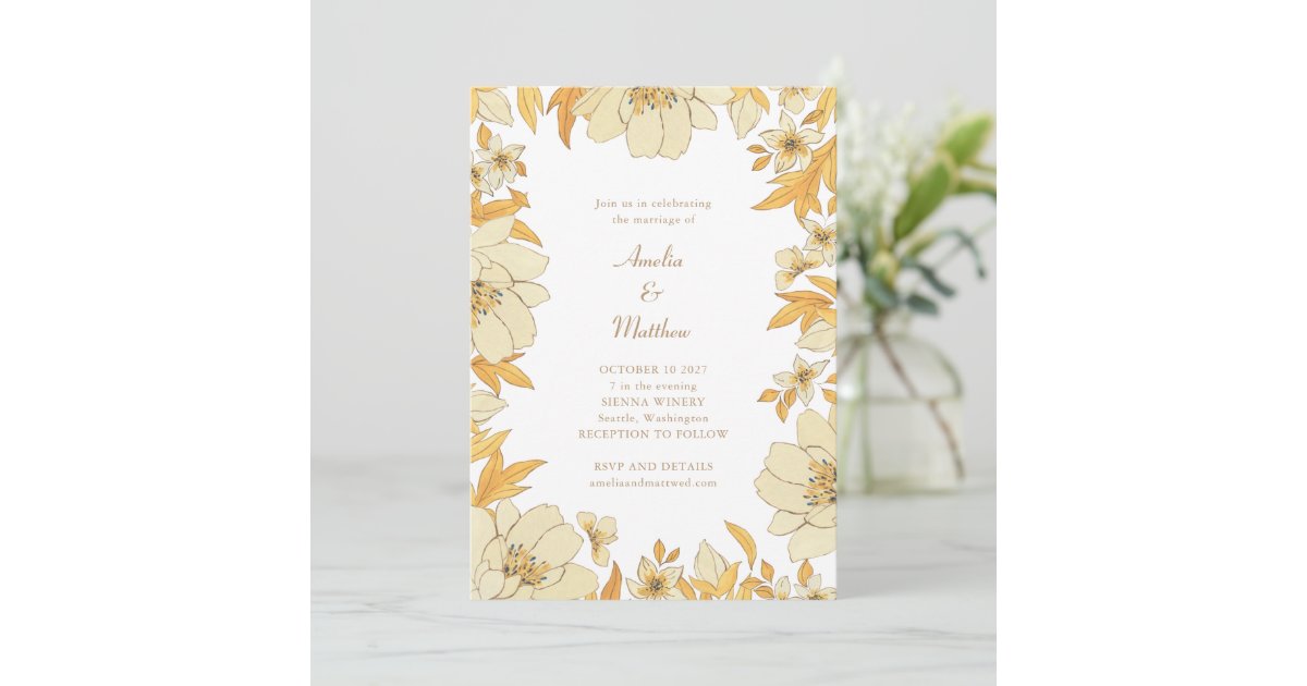 Boho Rustic Yellow Floral Border Wedding Invitation | Zazzle