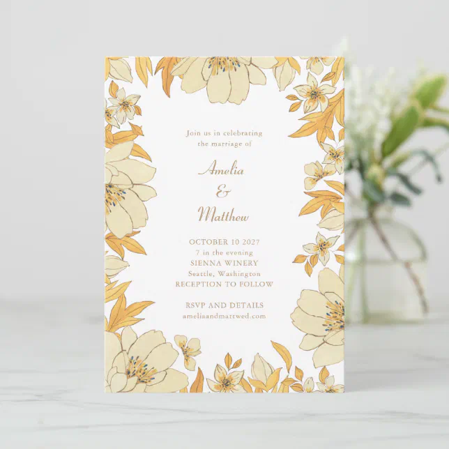 Boho Rustic Yellow Floral Border Wedding Invitation | Zazzle