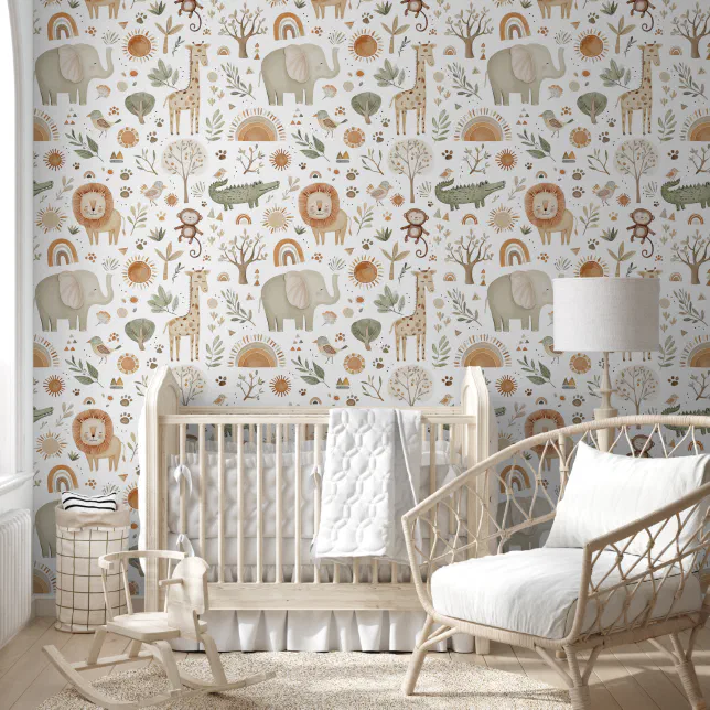 Boho Safari Animal Baby Kids Room Nursery Wallpaper | Zazzle