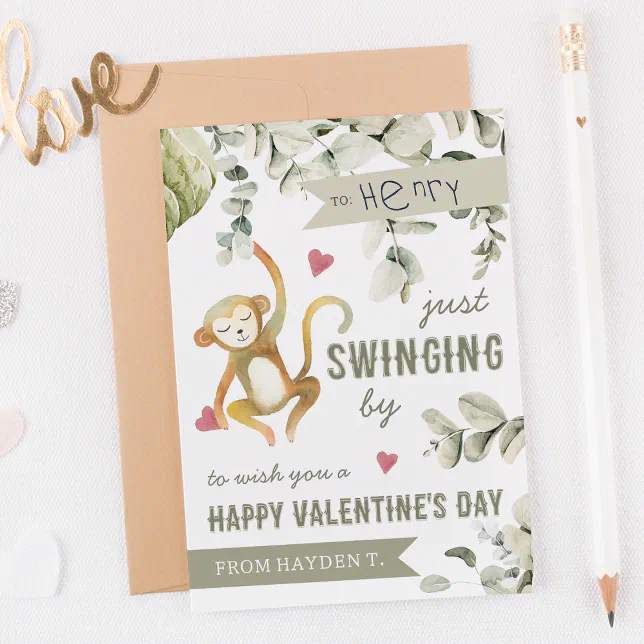Boho Safari Monkey Classroom Valentines Day Card | Zazzle