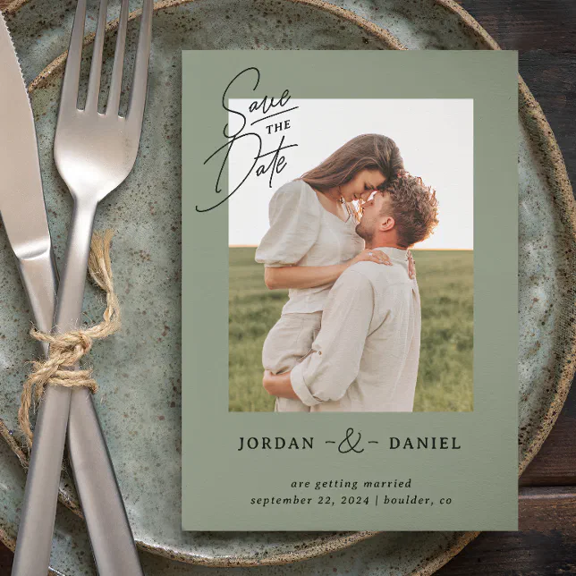 Boho Sage Green Photo Save The Date Card | Zazzle