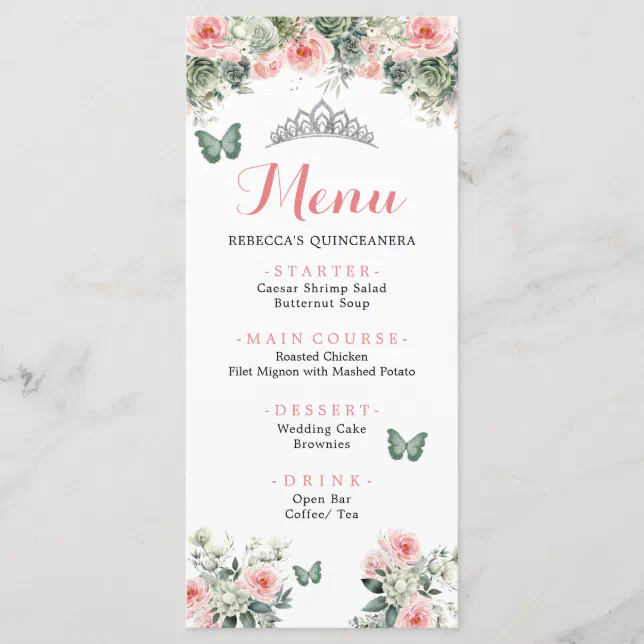 Boho Sage Green Pink Roses Princess XV Años Menu | Zazzle