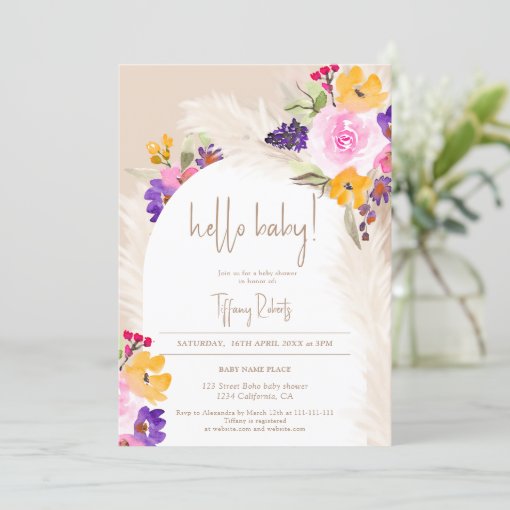 Boho sand floral arch neutral hello baby shower invitation | Zazzle