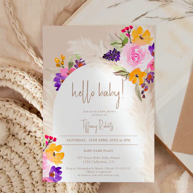 Boho sand floral arch neutral hello baby shower invitation | Zazzle