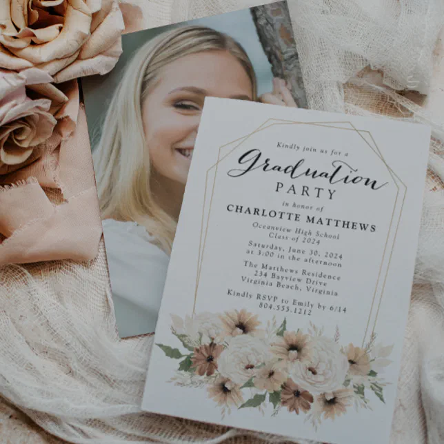 Boho Script Floral Graduation Party Invitation | Zazzle