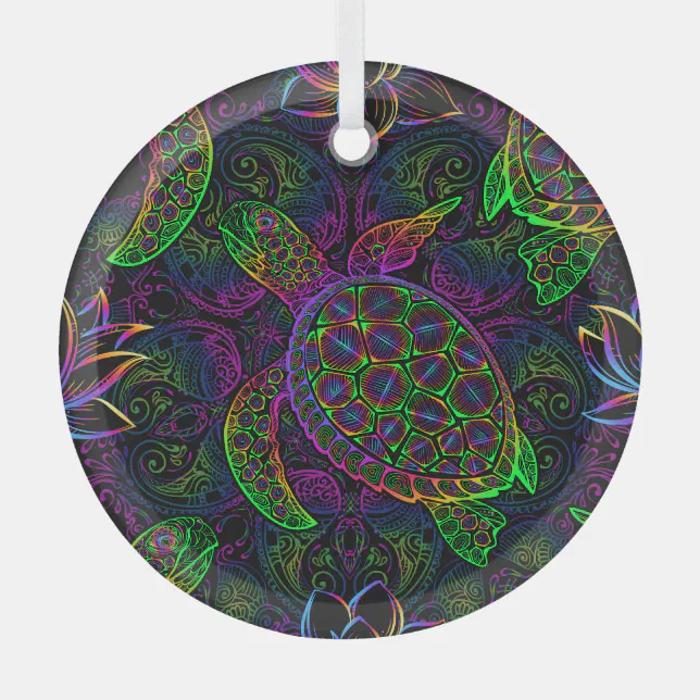 Boho Sea Turtle: Psychedelic Mandala Pattern Glass Ornament | Zazzle