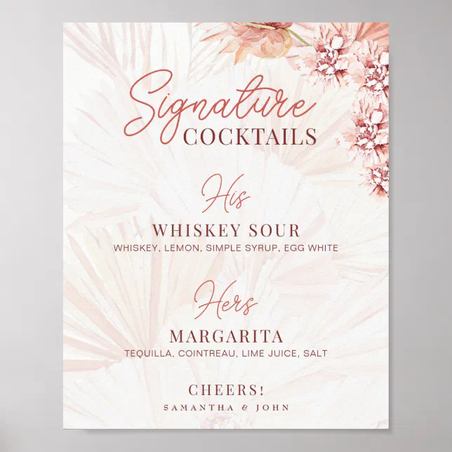 Boho Signature Cocktails His Hers Drinks Wedding Poster | Zazzle