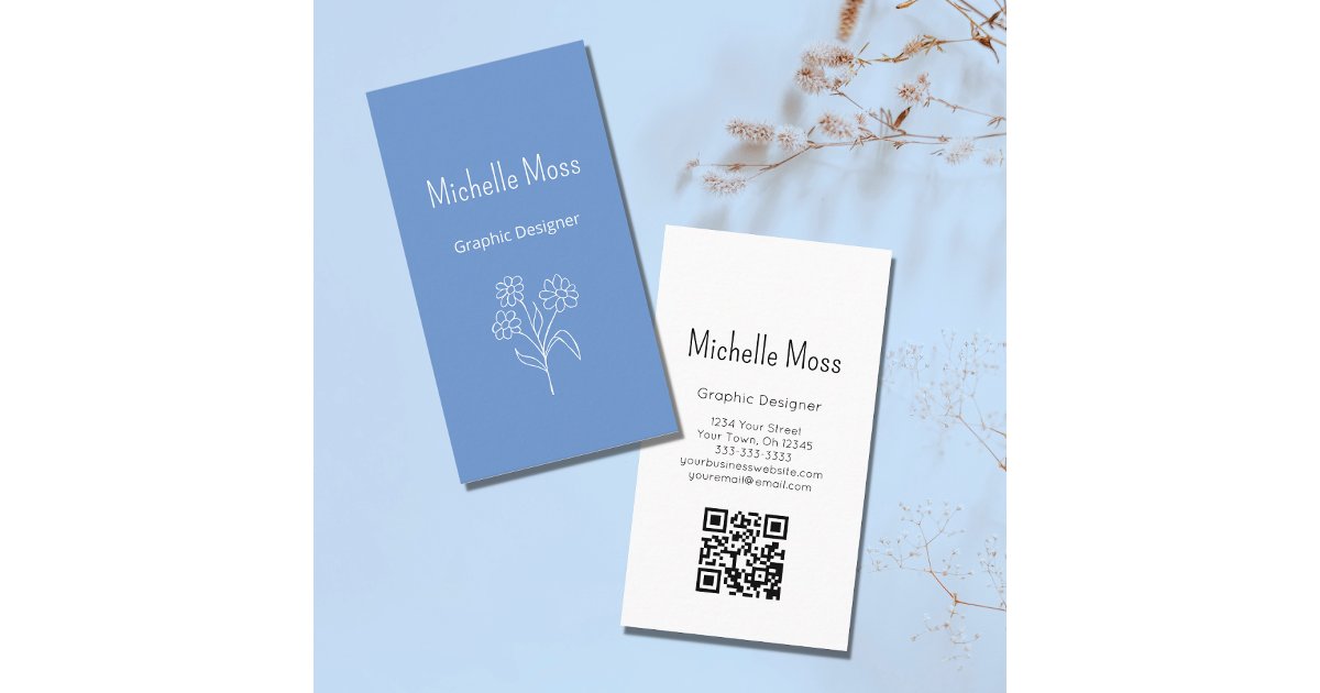Boho Simple Daisy QR code Graphic Designer Blue Business Card | Zazzle