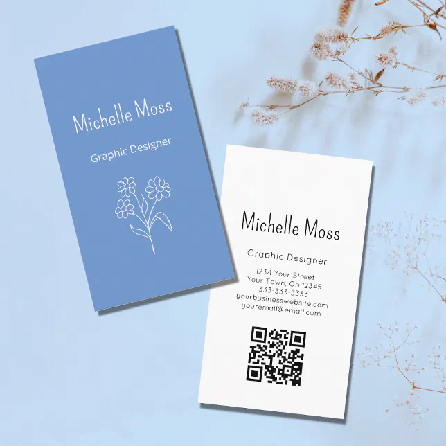 Boho Simple Daisy QR code Graphic Designer Blue Business Card | Zazzle