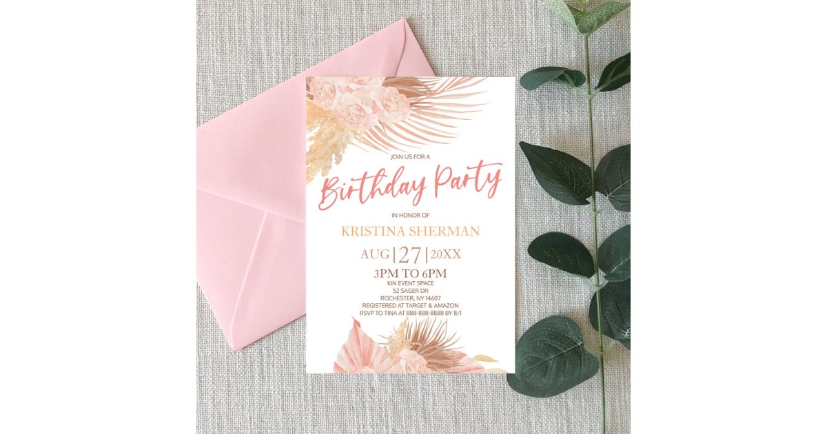 Boho Soft Pink Floral Flower Birthday Party Invitation | Zazzle