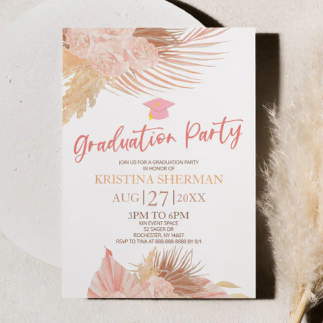 Boho Soft Pink Floral Flower Graduation Party Invitation | Zazzle