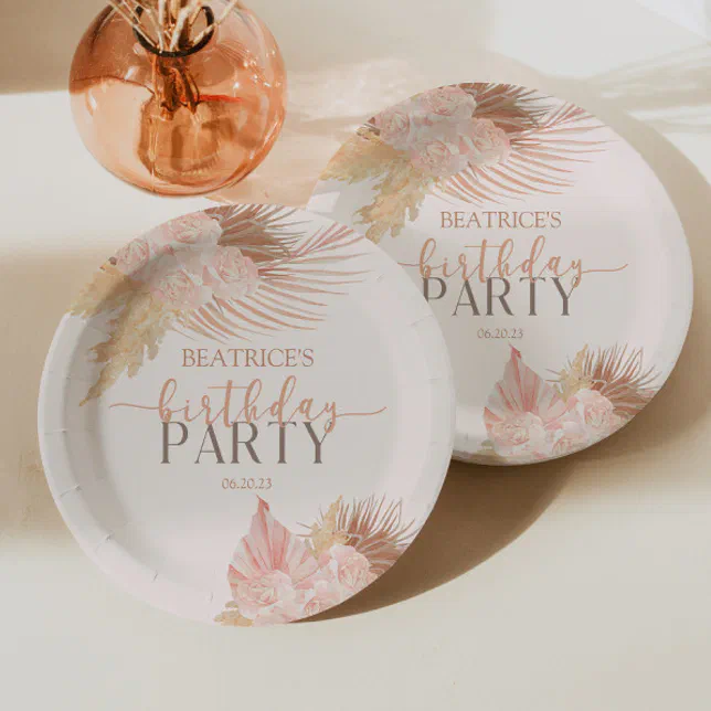 Boho Soft Pink Floral Flowers Birthday Party Paper Plates | Zazzle