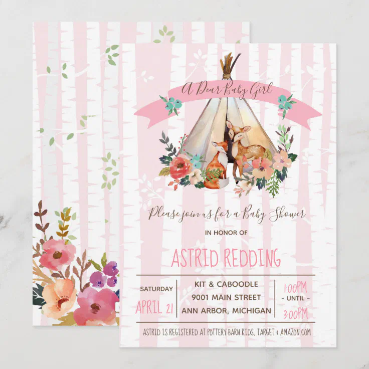 Boho Spring, Dear Baby Girl Woodland Shower Invite | Zazzle