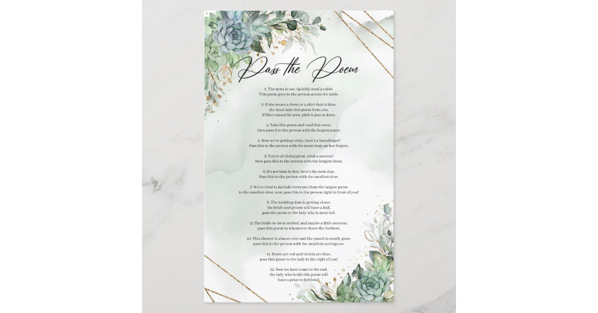 Boho succulents eucalyptus gold Pass The Poem | Zazzle