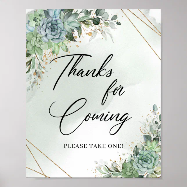 Boho succulents eucalyptus gold Thanks for Coming Poster | Zazzle