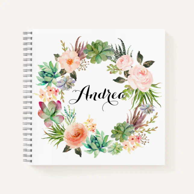 Boho Succulents Floral Wreath Customizable Notebook | Zazzle