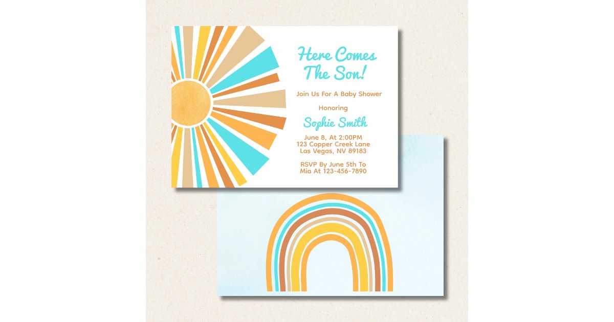 Boho Sun, Here Comes The Son, Blue Orange Rainbow Invitation | Zazzle