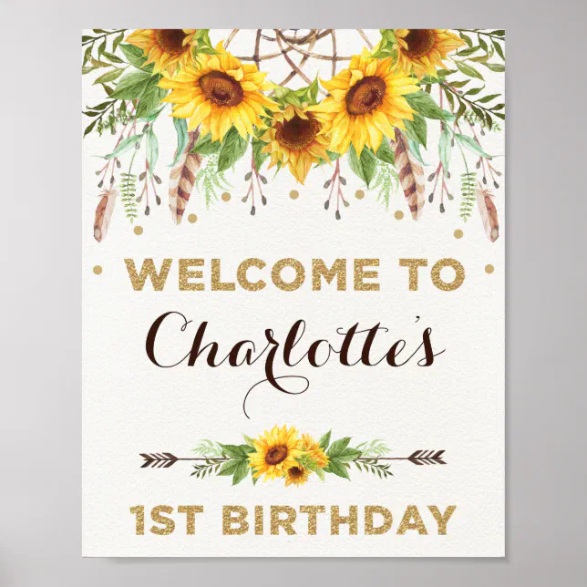 Boho Sunflower 1st Birthday Rustic Summer Welcome Poster | Zazzle