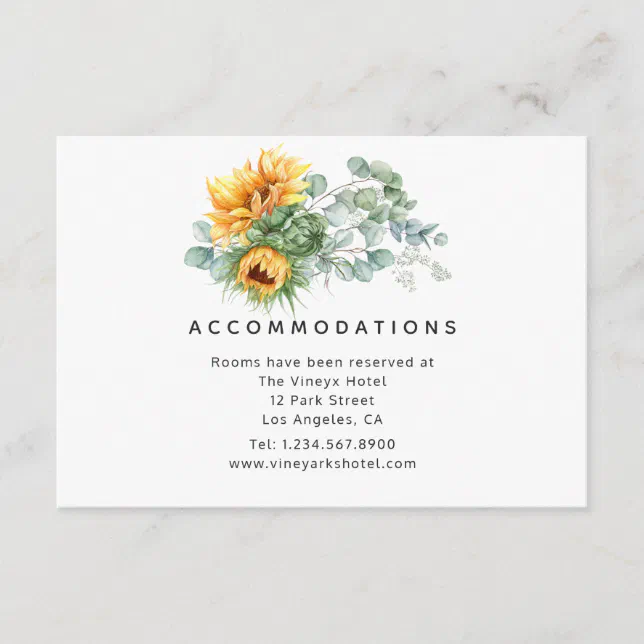 Boho Sunflower Eucalyptus Wedding Accommodations Enclosure Card | Zazzle