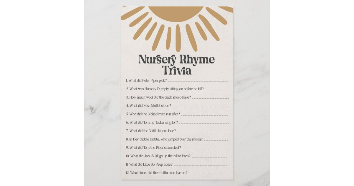 boho sunshine nursery rhyme trivia shower game | Zazzle