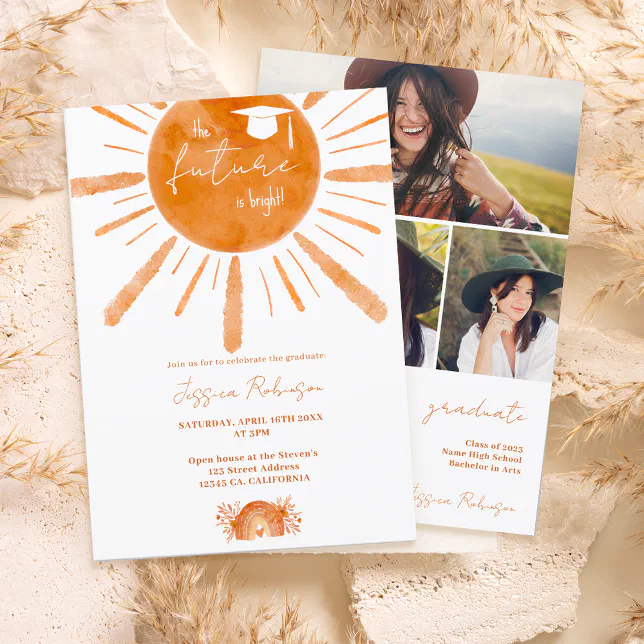 Boho sunshine rainbow orange 4 photos graduation invitation | Zazzle