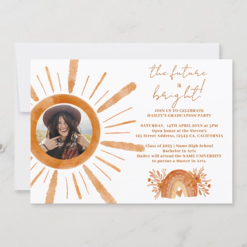 Boho sunshine rainbow orange photo graduation invitation | Zazzle