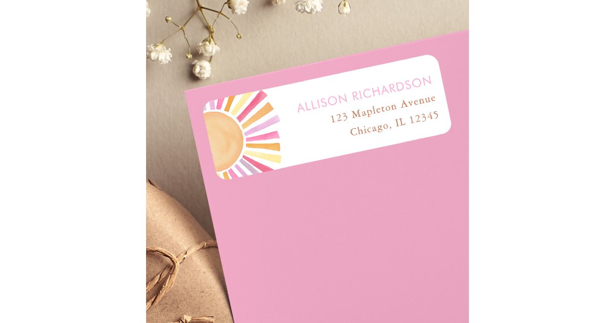 Boho sunshine sun muted tones pink yellow orange label | Zazzle