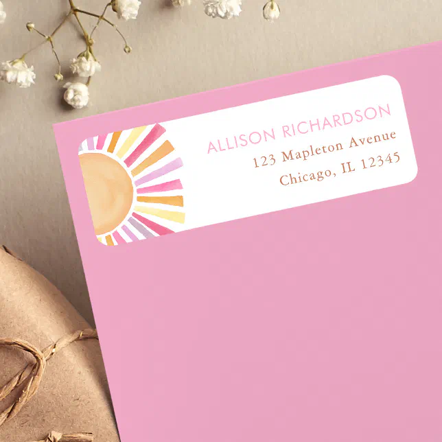 Boho sunshine sun muted tones pink yellow orange label | Zazzle