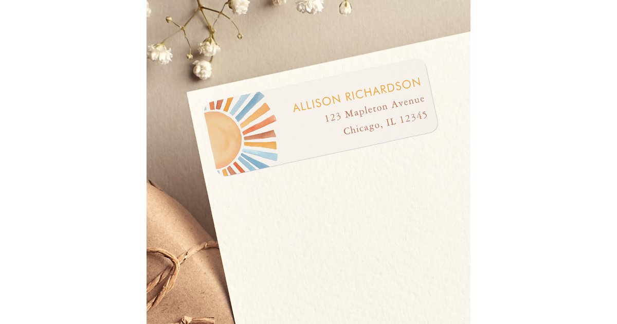 Boho sunshine sun muted tones yellow blue orange l label | Zazzle