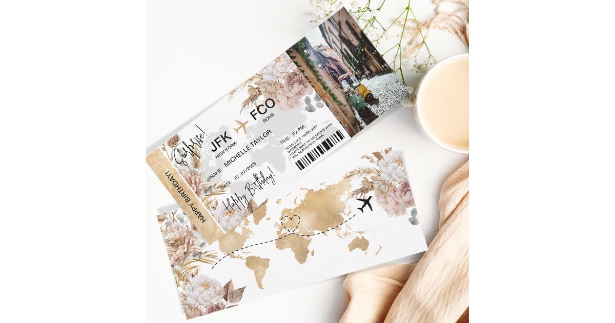 Boho Surprise Birthday Boarding Pass Trip Ticket Invitation | Zazzle