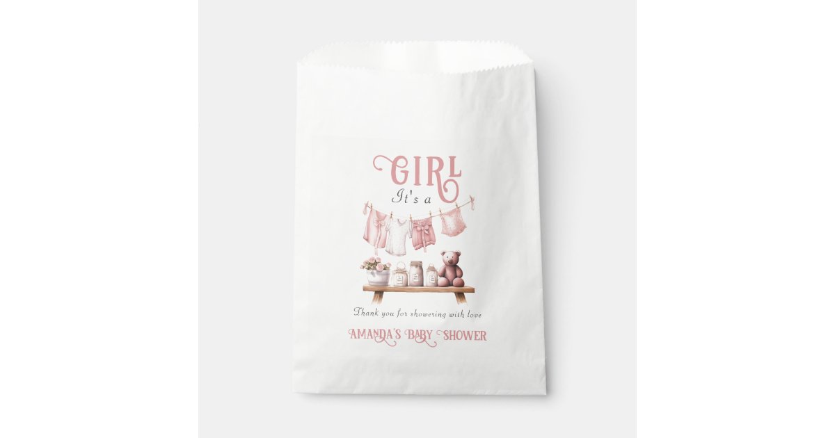 Boho Sweet Its a Girl Pink Clothesline Baby Shower Favor Bag | Zazzle